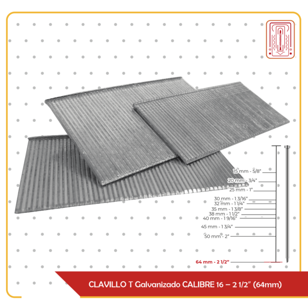 CLAVILLO T Galvanizado CALIBRE 16 – 2 1/2″ (64mm) Caja con 2,500 piezas ...
